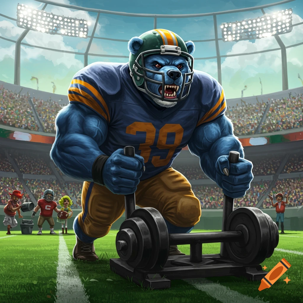 Illustration of a muscular blue bear in football uniform pushing a ...