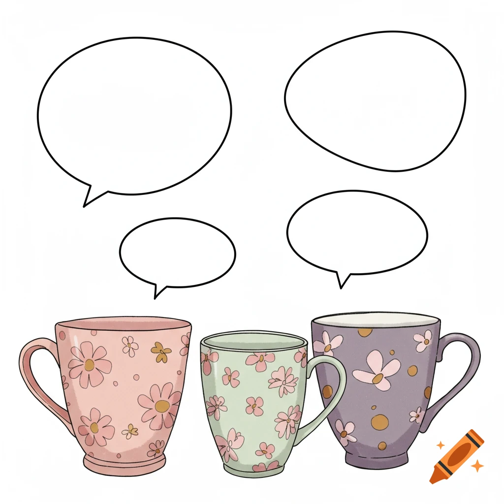 Decorated coffee mugs with speech bubbles clip art on Craiyon