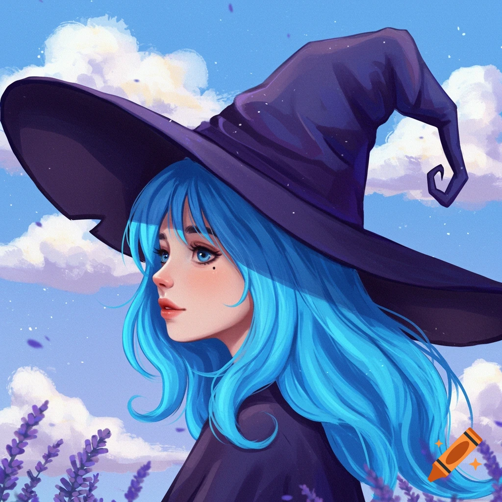 Girl with witch hat and blue hair in Lavendertownes art style on Craiyon