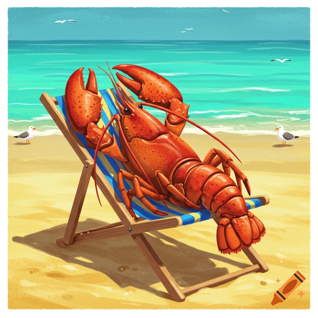 Cartoon pink character looks at a tray of oysters on a beach with ...