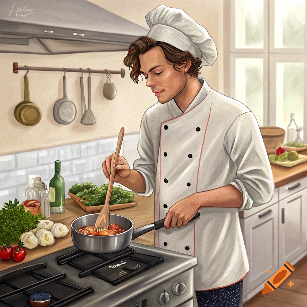 An illustration of a person in a chef uniform cooking in a kitchen. on ...