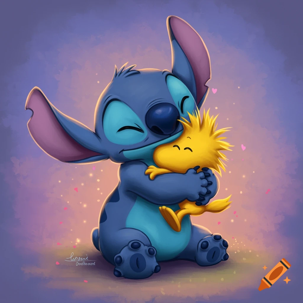 A cartoon sticker of Stitch from Lilo & Stitch wearing black and yellow ...