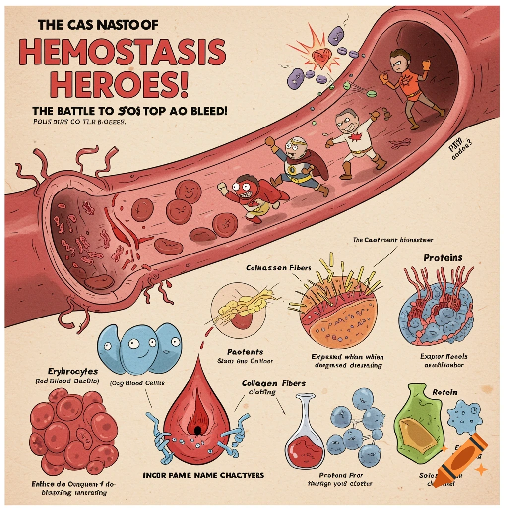 Illustration of hemostasis heroes in action to stop bleeding on Craiyon