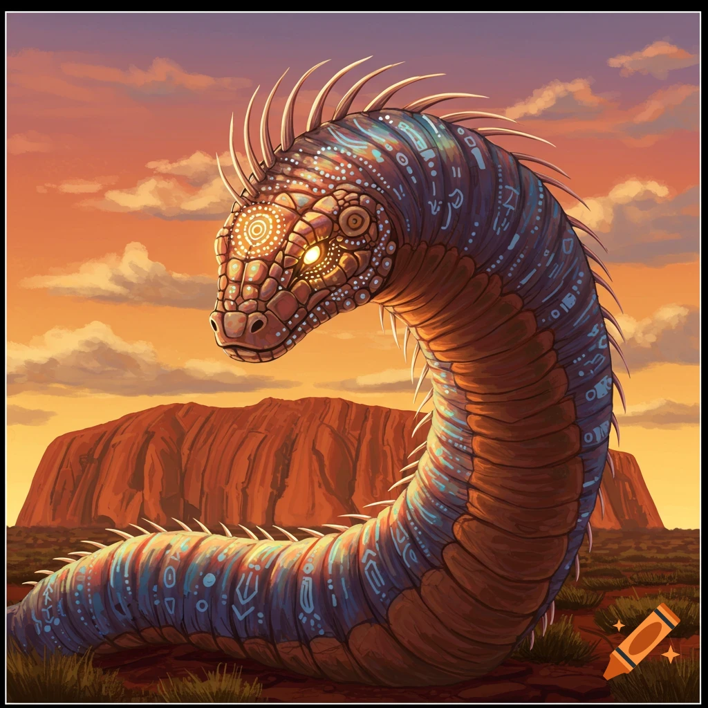 Giant colorful segmented worm creature standing in a desert landscape ...