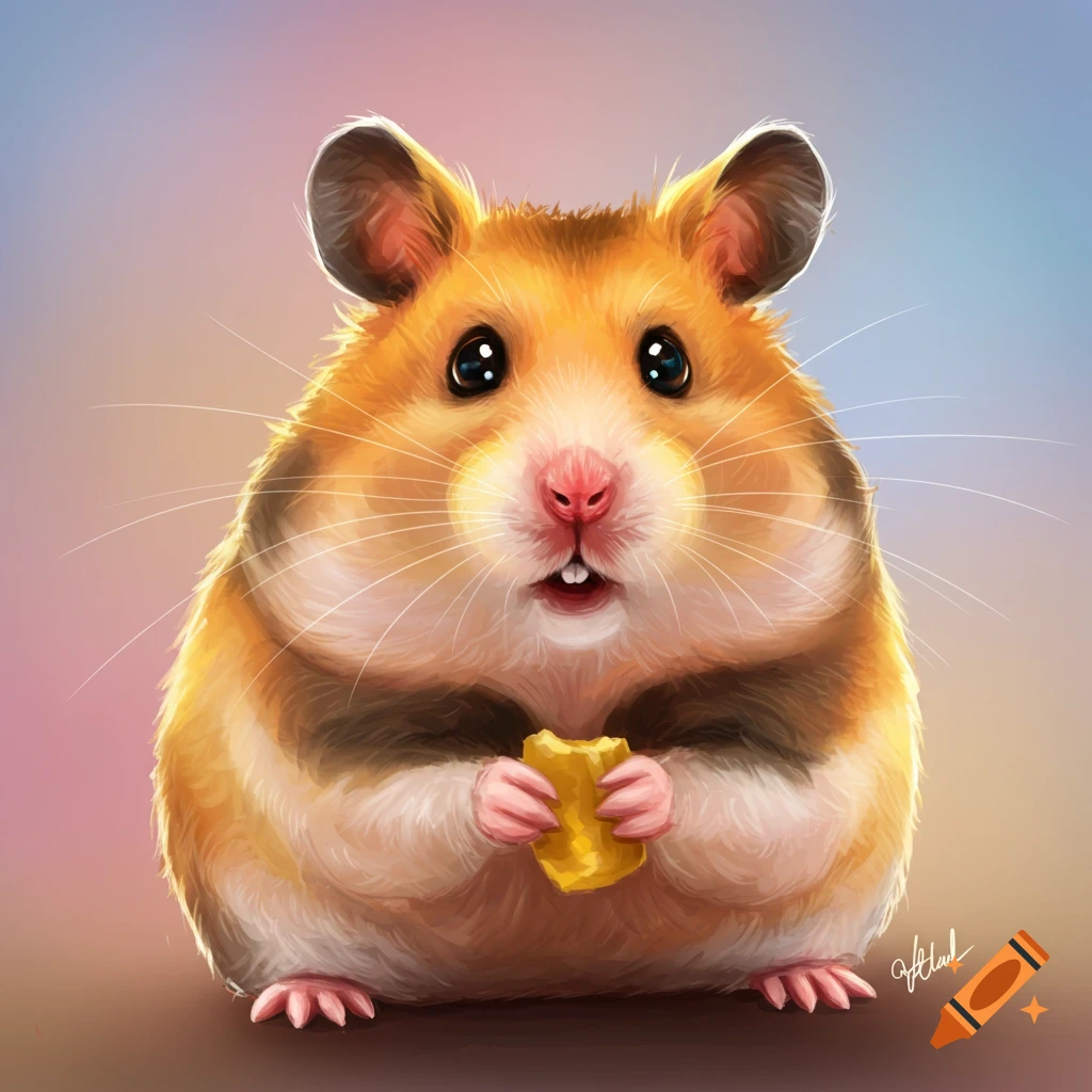 A cute, fluffy hamster holds a piece of yellow food with its paws in a ...