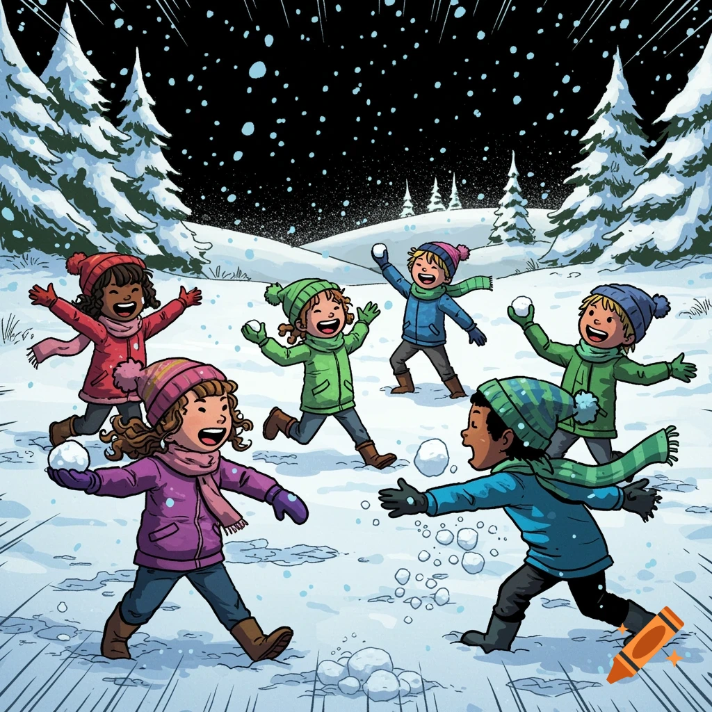 Children play in the snow throwing snowballs in a graphic novel style ...