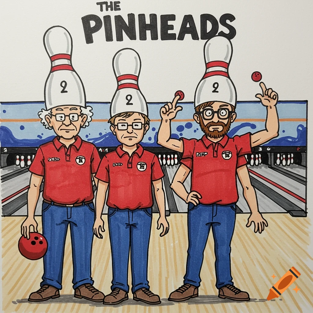 Cartoon of three men in bowling pin hats holding bowling balls in a ...