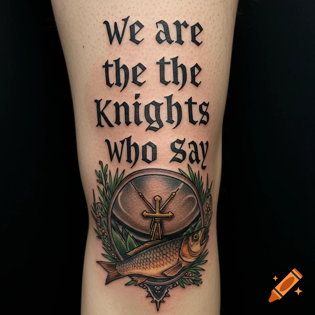 WE ARE THE KNIGHTS WHO SAY tattoo on kneecap with shrubbery, herring ...