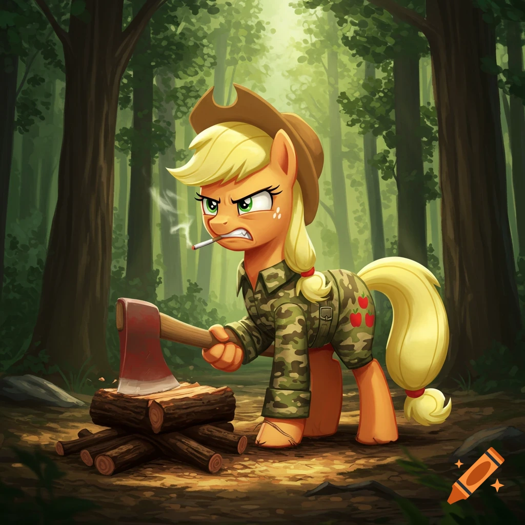 Applejack from MLP in forest chopping firewood, angry, cigarette, M81 ...