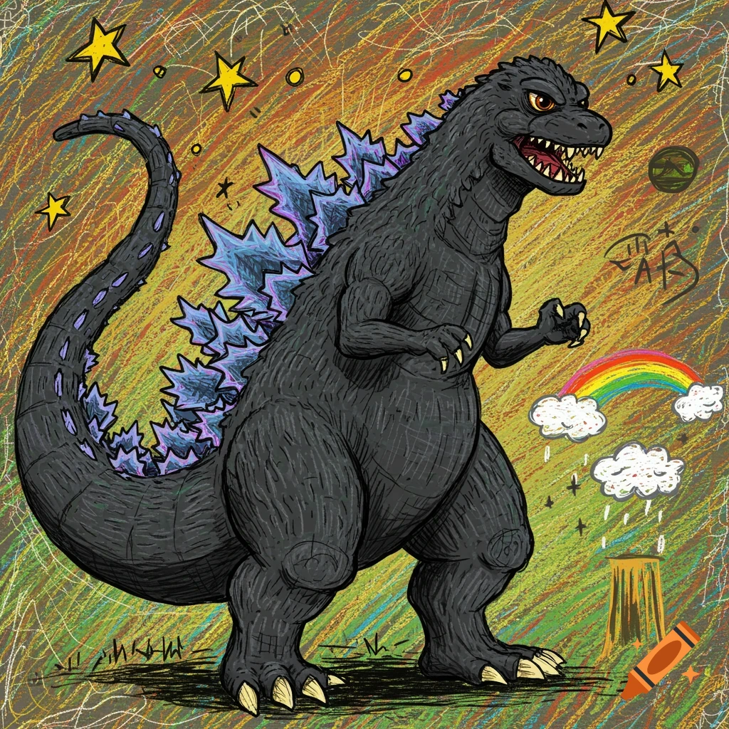 Cartoon illustration of Godzilla in a child's drawing style with stars ...