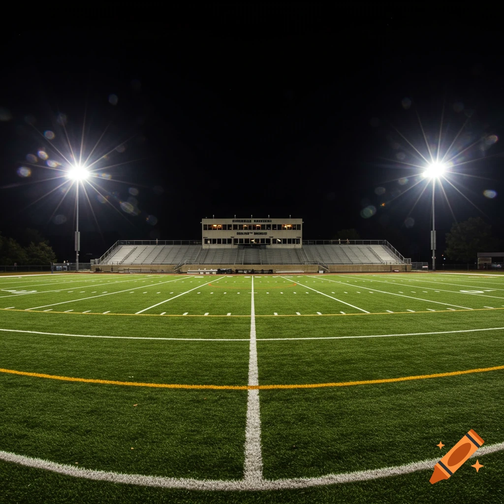 A football field at night, illuminated by stadium lights. on Craiyon