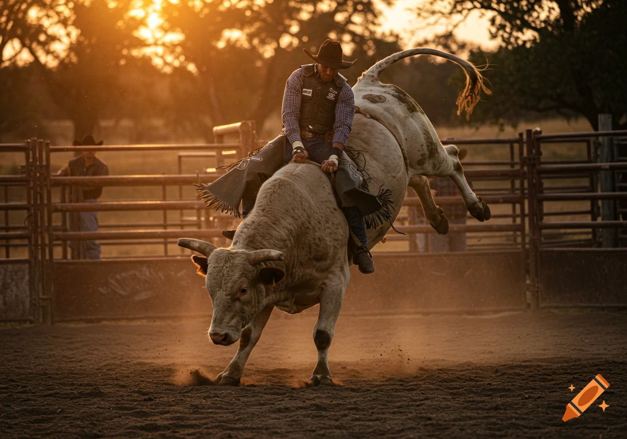 Cowboy riding bucking bull in round pen at dusk on Craiyon