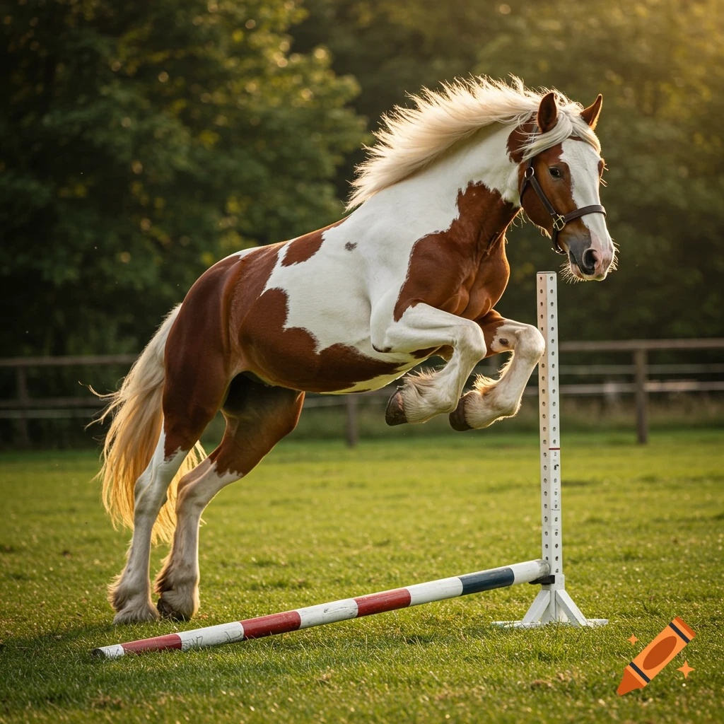 White and brown Clydesdale horse jumping over a pole on Craiyon