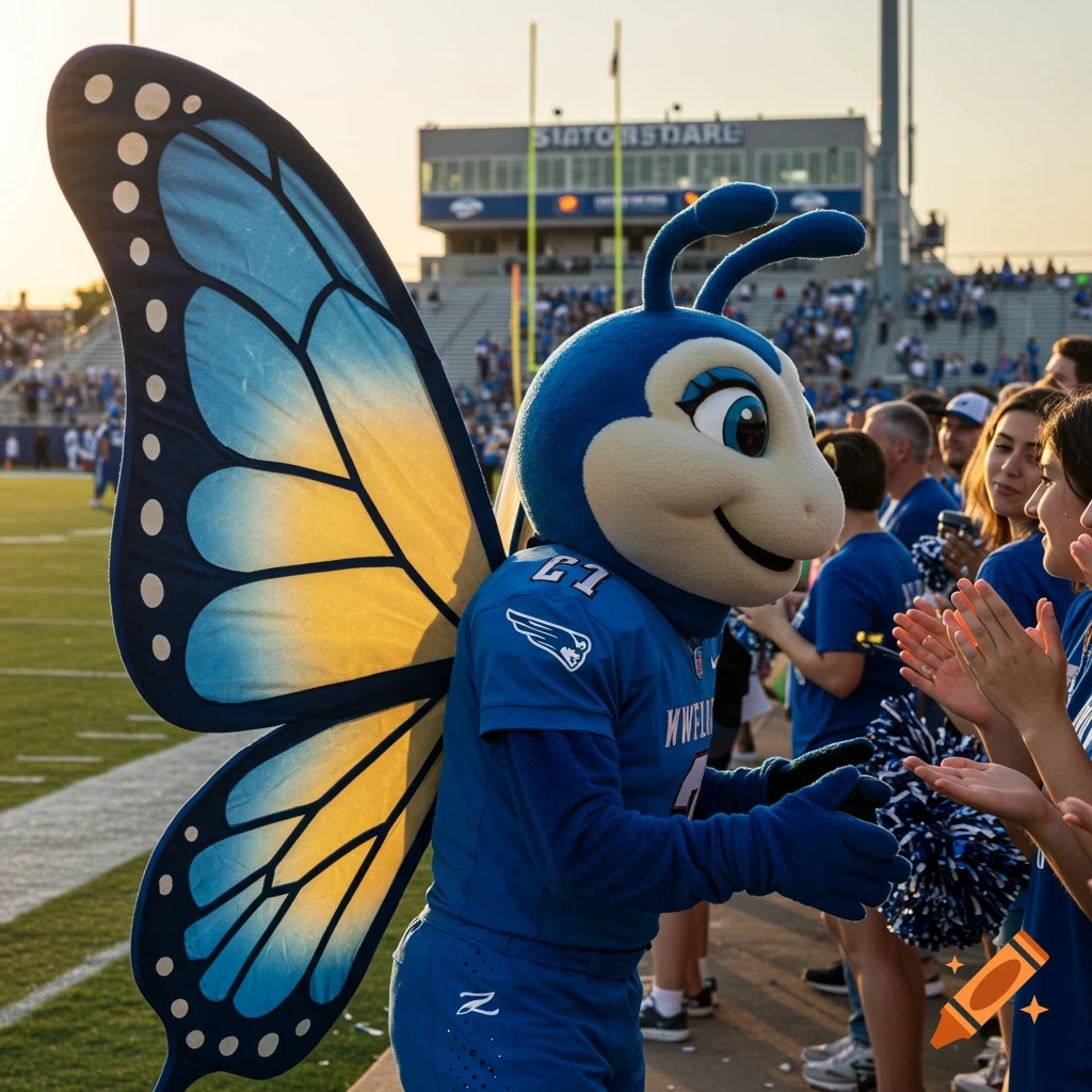 A blue butterfly mascot in a football uniform stands on the sideline of ...