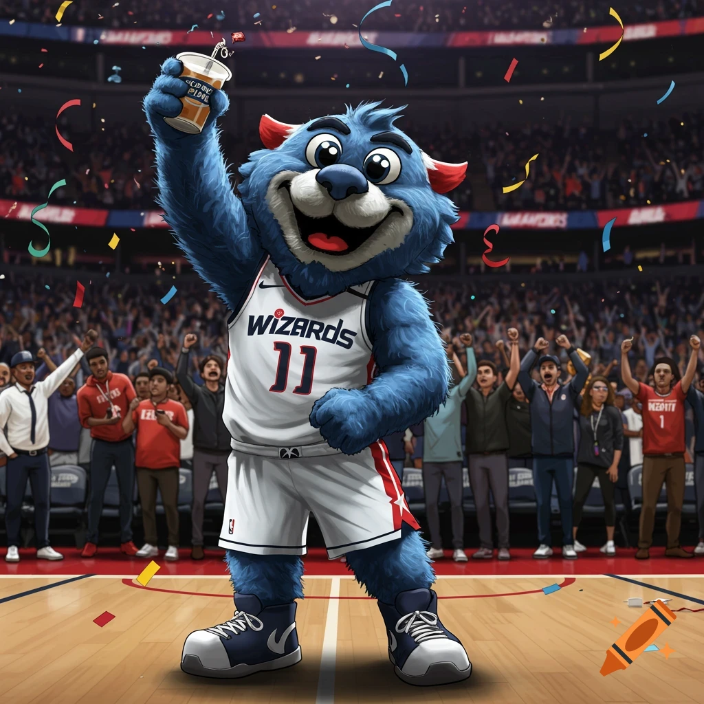 Washington Wizards mascot G-Wiz celebrating with a drink on Craiyon