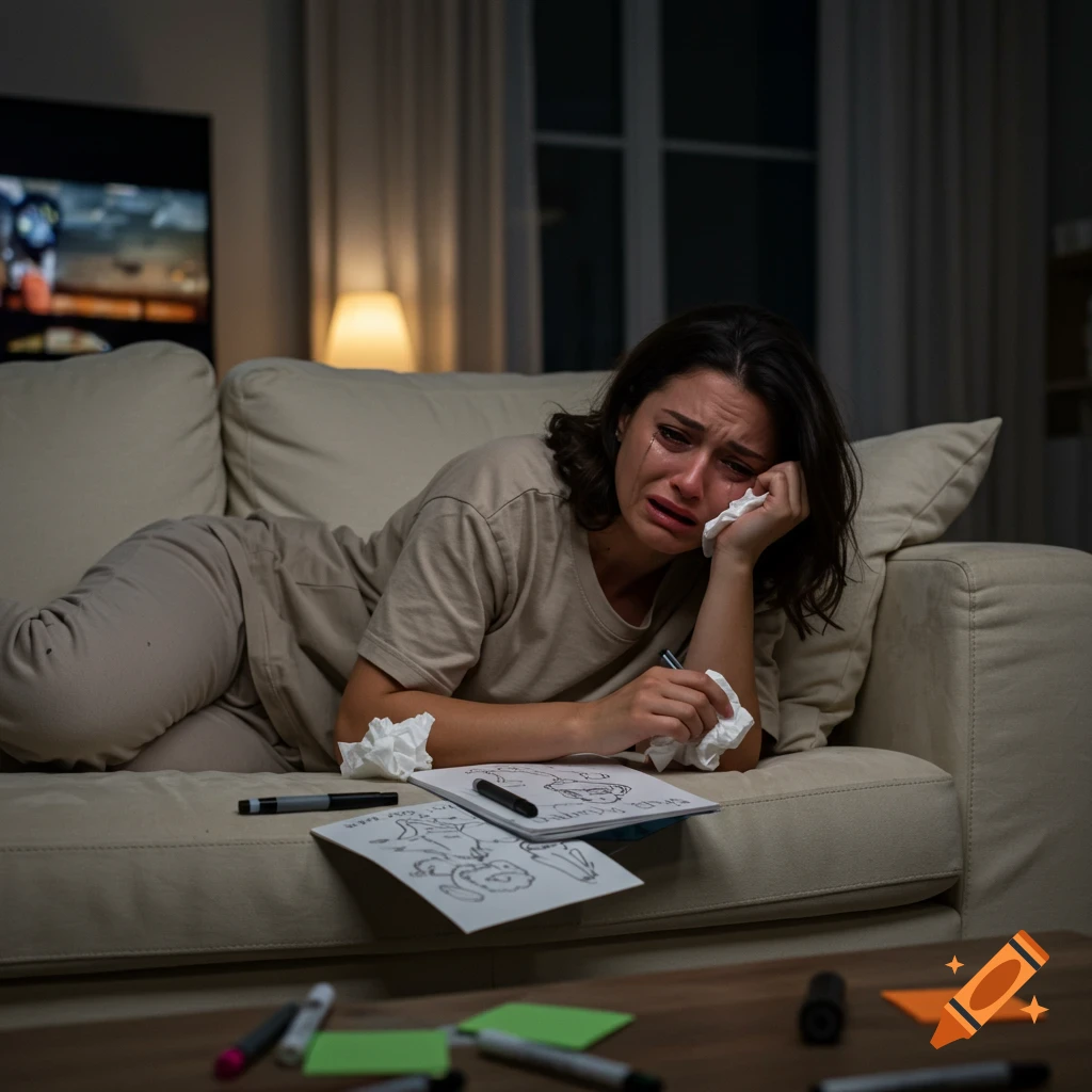 Woman crying on couch drawing on Craiyon