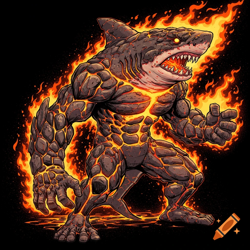 Lava shark monster standing on volcanic ground in comic book style. on ...