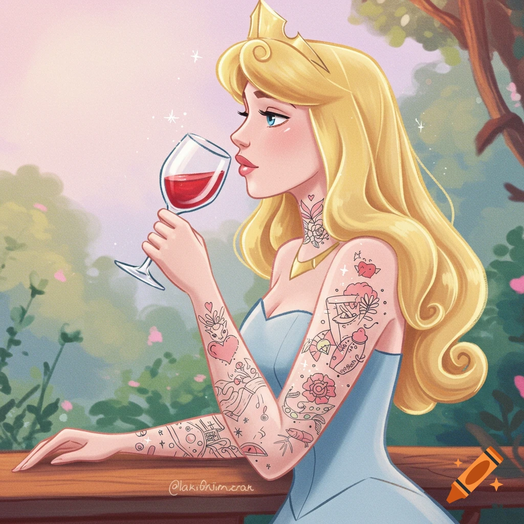 Illustration of Disney princess Aurora with tattoos drinking wine ...