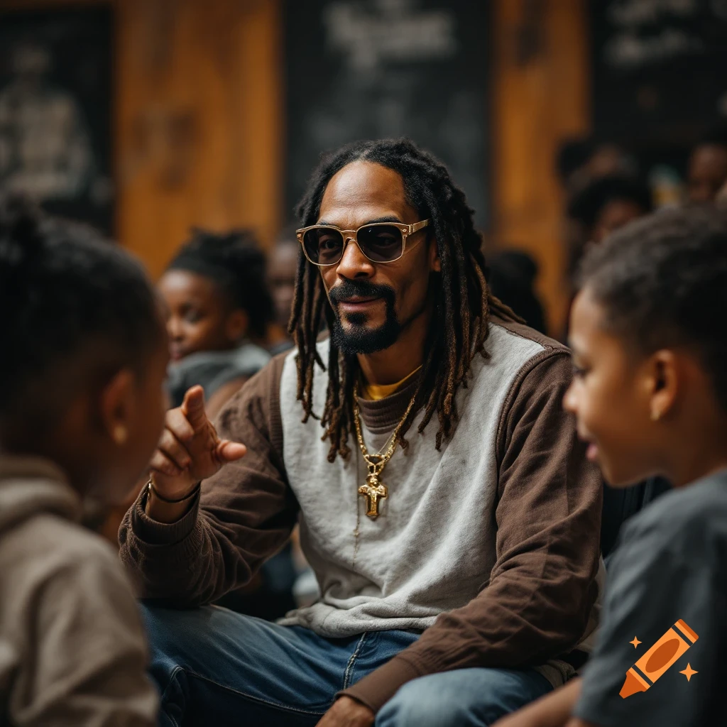 Photorealistic image of Snoop Dogg sitting and talking to a group of ...