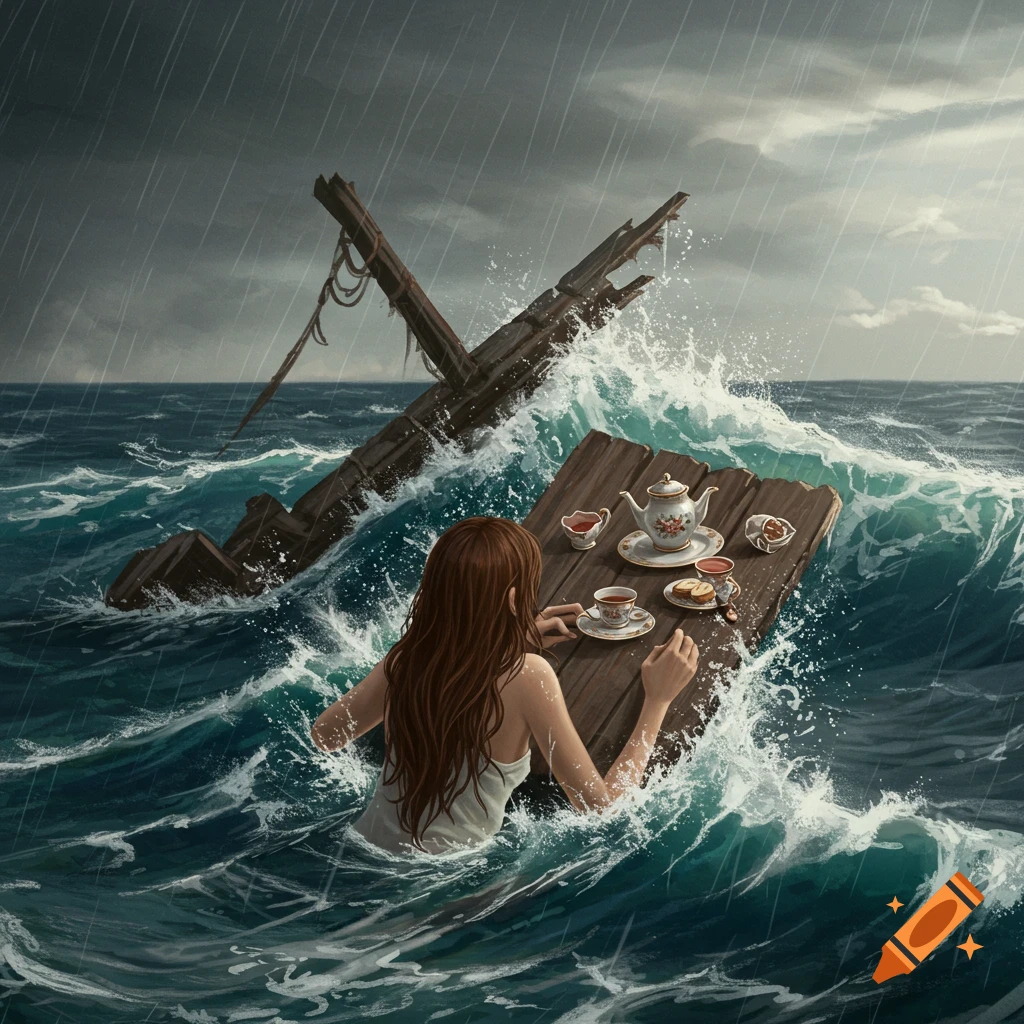 Woman castaway with tea set in stormy ocean on Craiyon