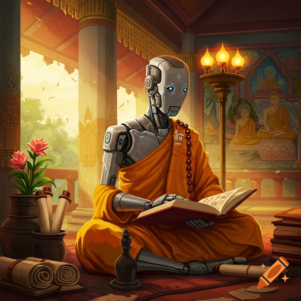 Robot monk studying Buddhism in a temple on Craiyon