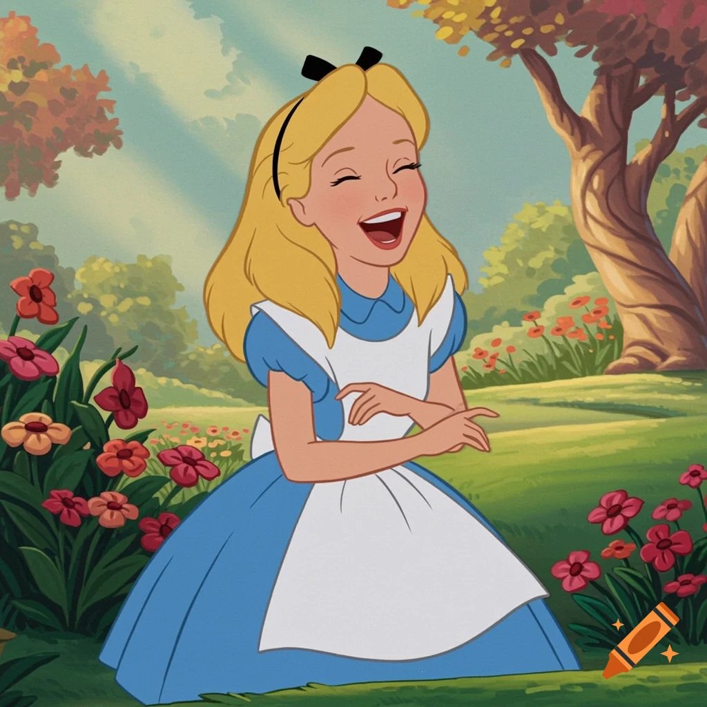 Alice from Disney's Alice in Wonderland laughing on Craiyon