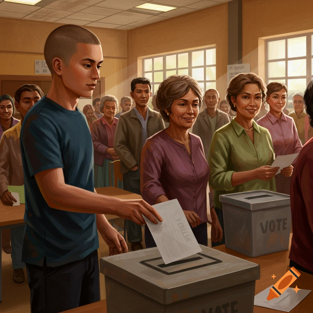 Stylized illustration of people voting in a polling station. on Craiyon