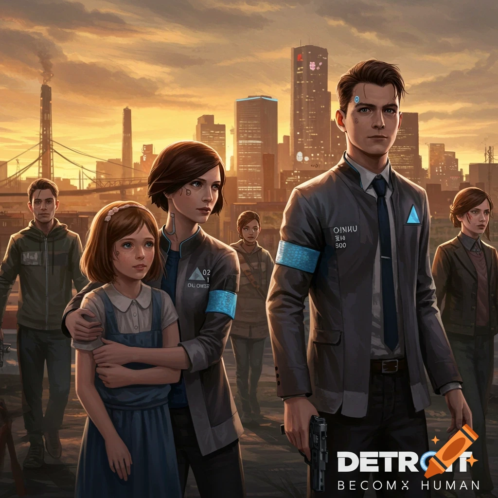 Characters from Detroit Become Human stand in a city street at sunset ...