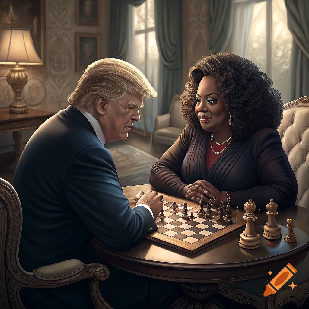 Donald Trump and Oprah Winfrey play chess in a room. on Craiyon