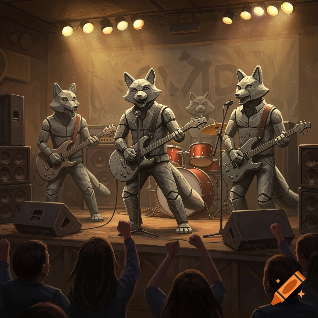 Rock band of stone foxes performing for high schoolers on Craiyon