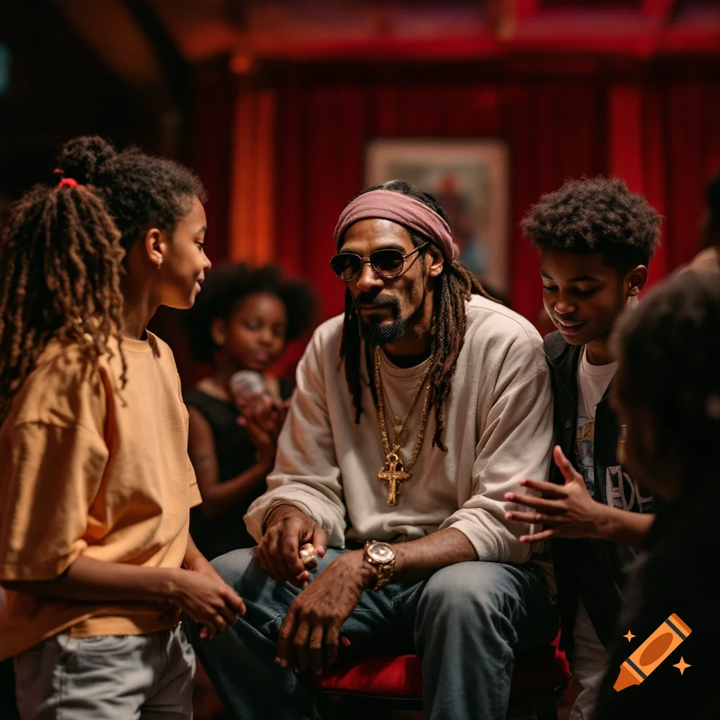 Photorealistic image of Snoop Dogg sitting and talking to a group of ...