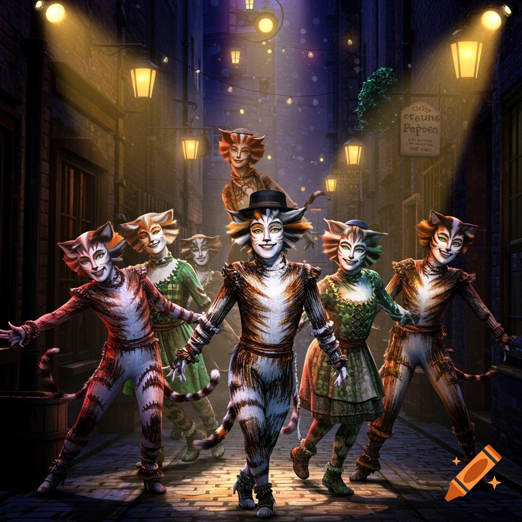 Humanoid cats in costumes dance in a dimly lit alley. on Craiyon