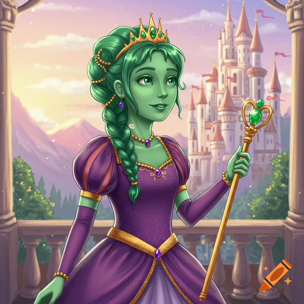 Green-skinned princess in purple dress on a balcony overlooking a ...