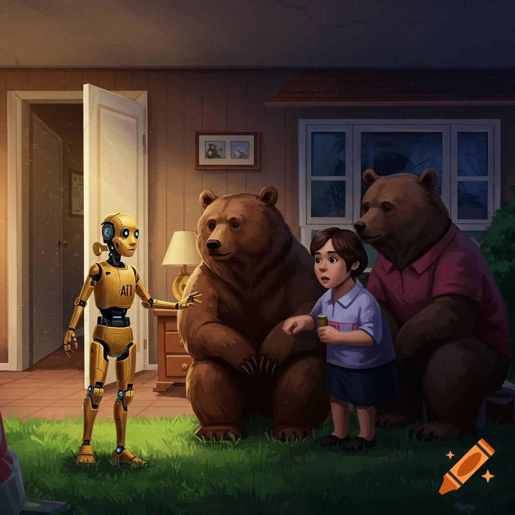 An illustration of a golden robot, a young girl, and two bears standing in a house and backyard ...