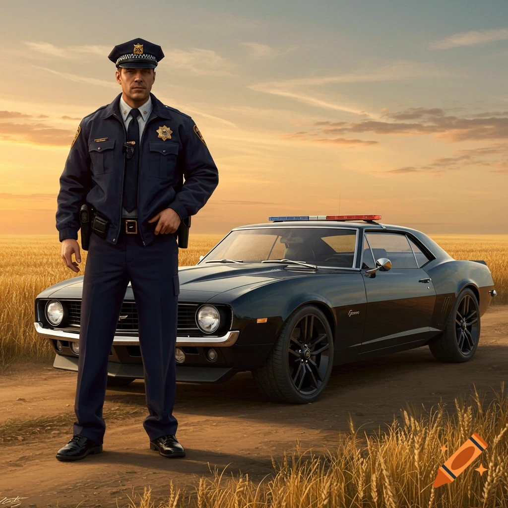 Photorealistic image of a police officer standing next to a black ...