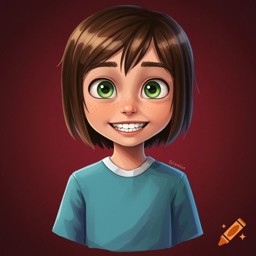 Cartoon of a playful young boy, Joshua, with short brown hair and green ...