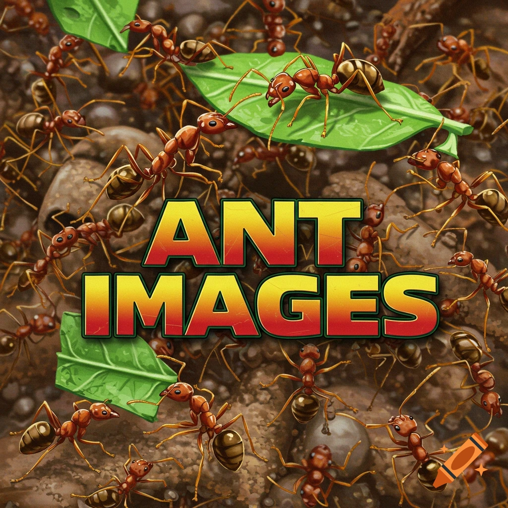 An illustration of many ants on the ground and leaves around the text 'ANT IMAGES'. on Craiyon