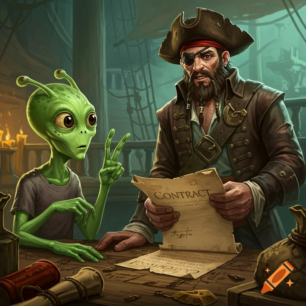 Illustration of a green alien and a pirate looking at a contract. on ...