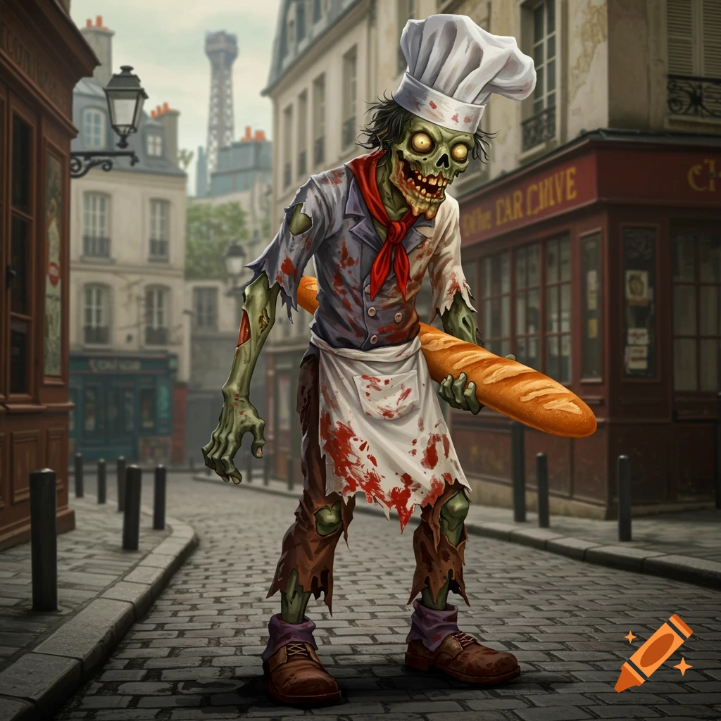 A zombie chef in a blood-stained apron holds a baguette on a Paris ...