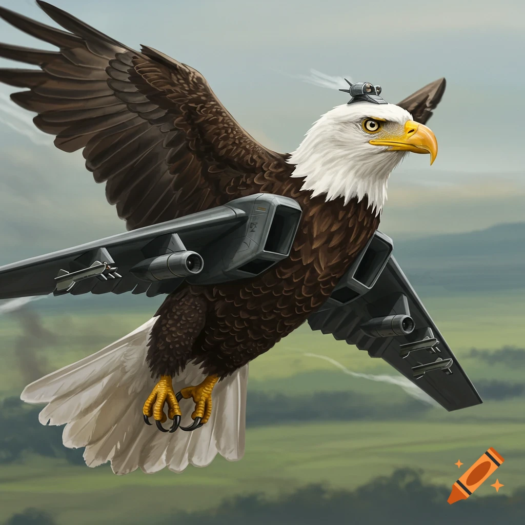 Illustration of an eagle with bomber plane wings and engines flying ...