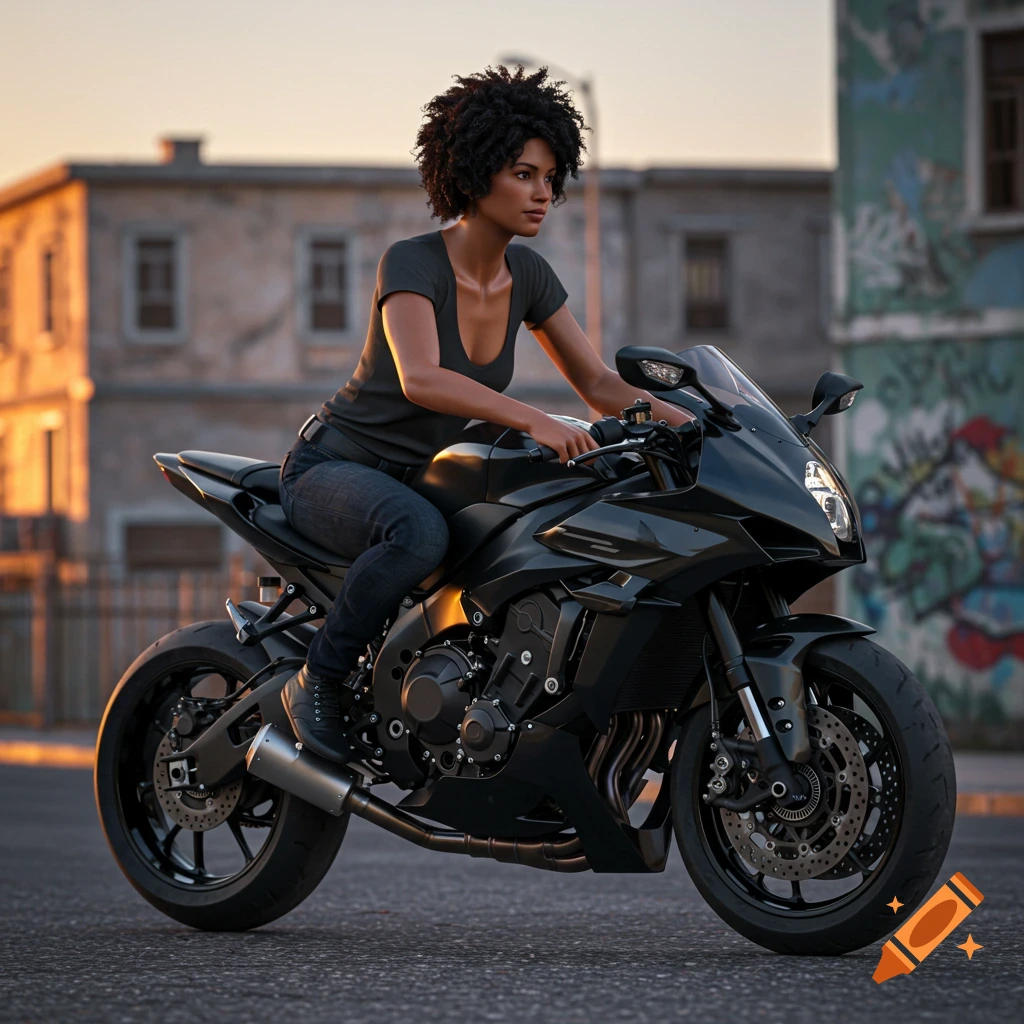 Woman riding motorcycle without helmet on Craiyon