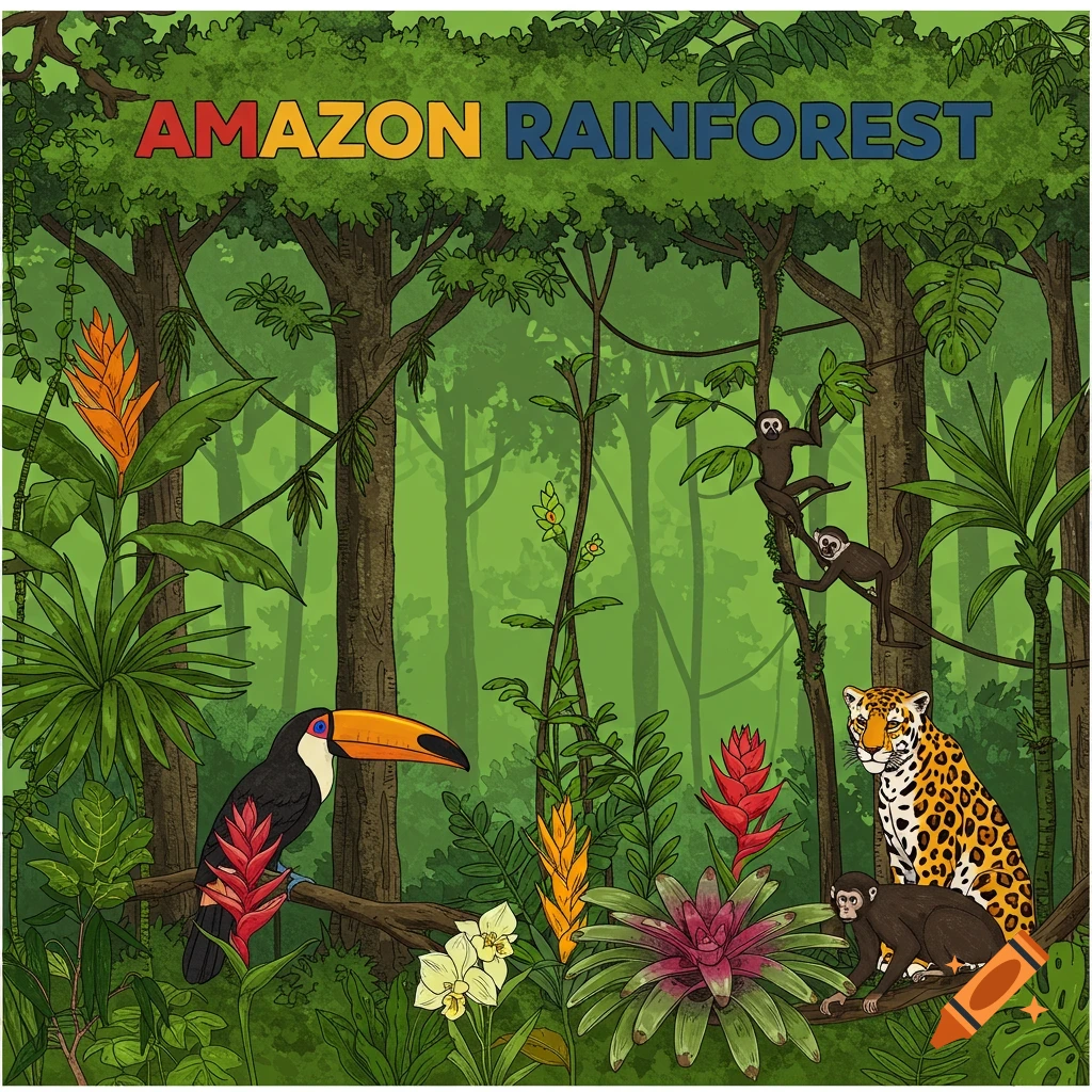 Amazon Rainforest collage with vibrant foliage, hand-drawn plants, and ...
