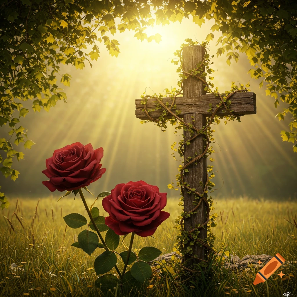 Two red roses and a vine-wrapped cross in a sunny field framed by trees ...