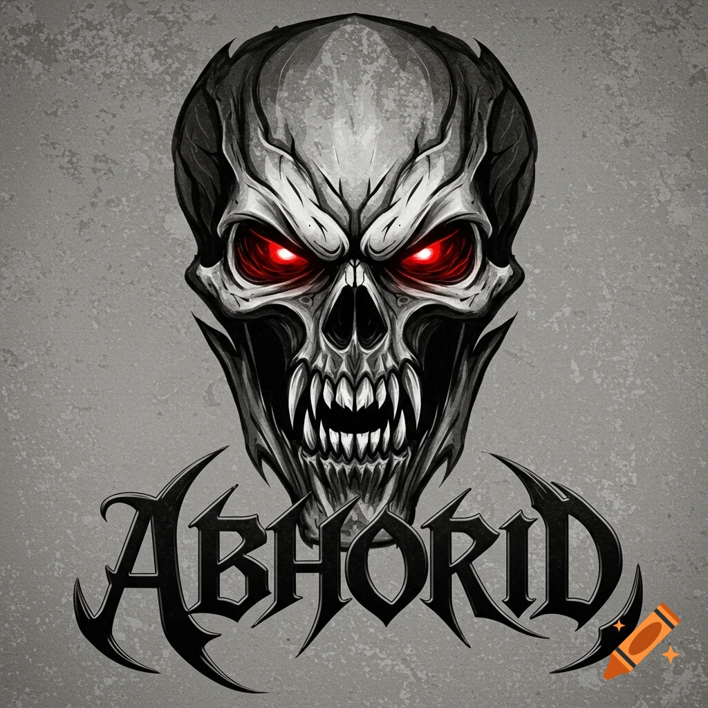 A stylized skull with glowing red eyes and sharp teeth above the text "ABHORID" in a heavy metal ...