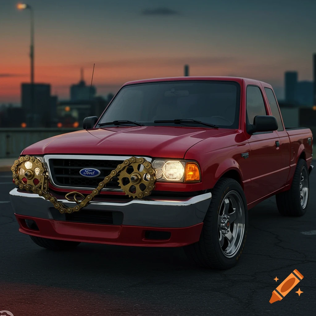 Red Ford Ranger truck with gold gears and chains over the headlights ...
