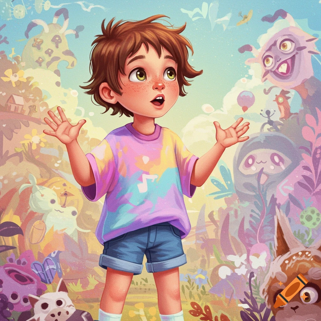 A stylized illustration of a child surrounded by colorful fantasy ...