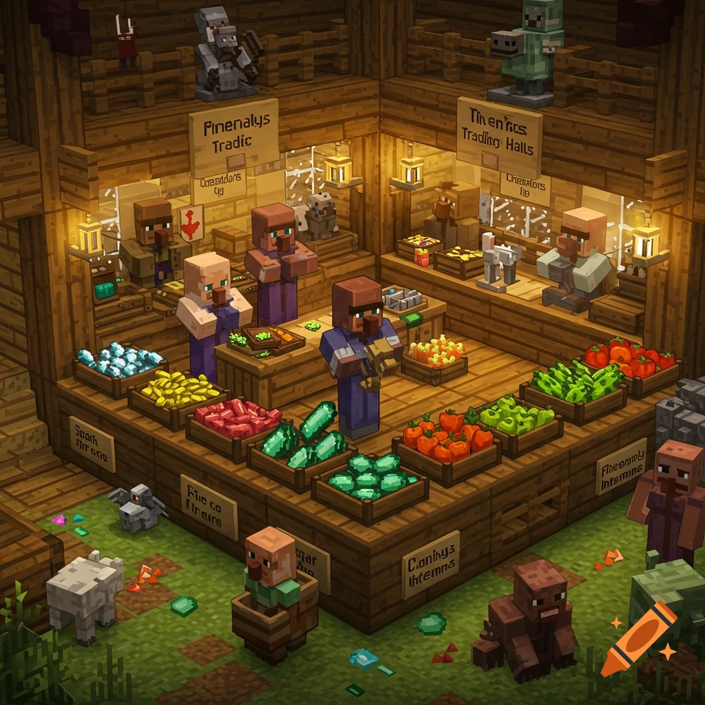 A detailed pixelated rendering of a Minecraft villager trading hall ...
