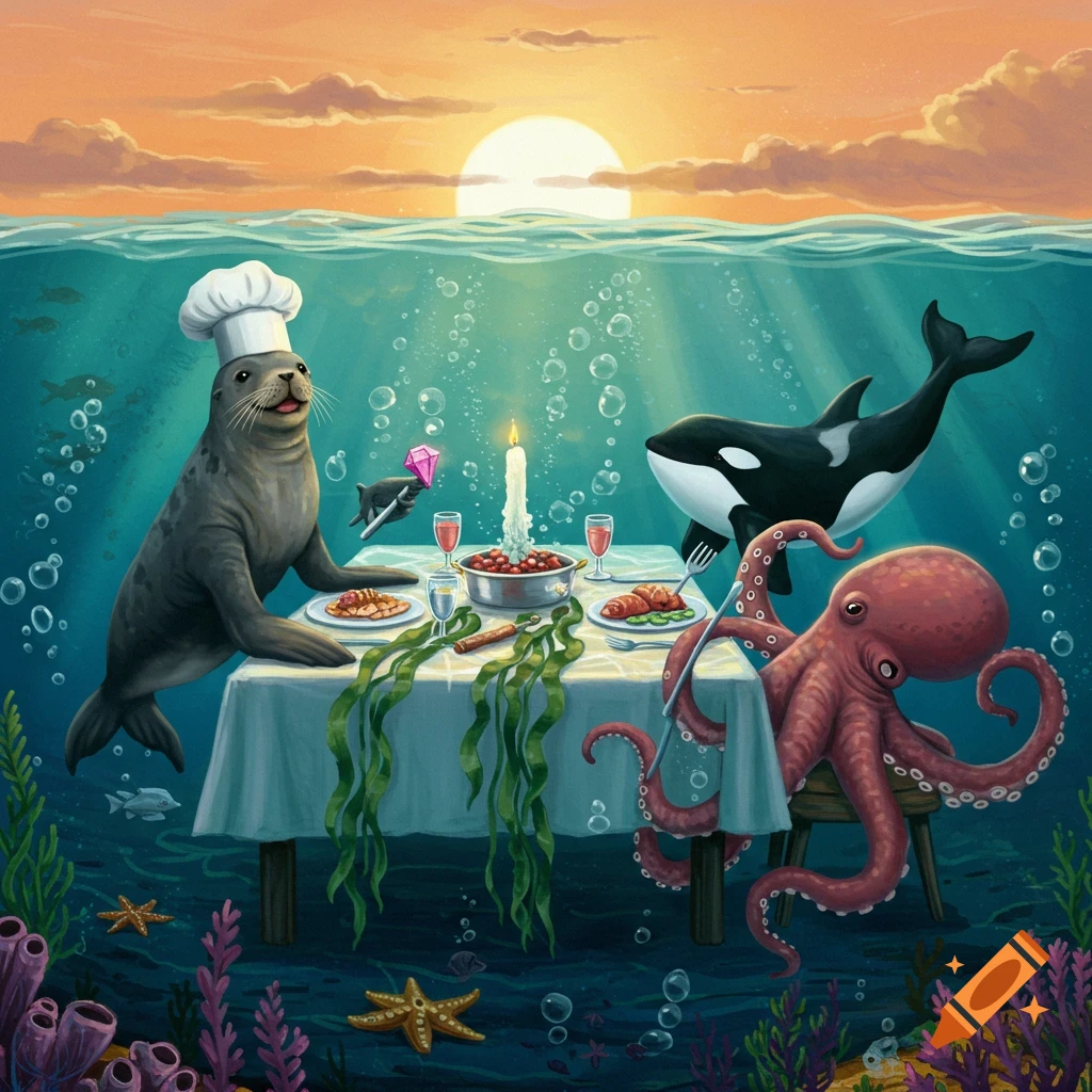 Sea lion dinner party with octopus, orca, and whale on Craiyon
