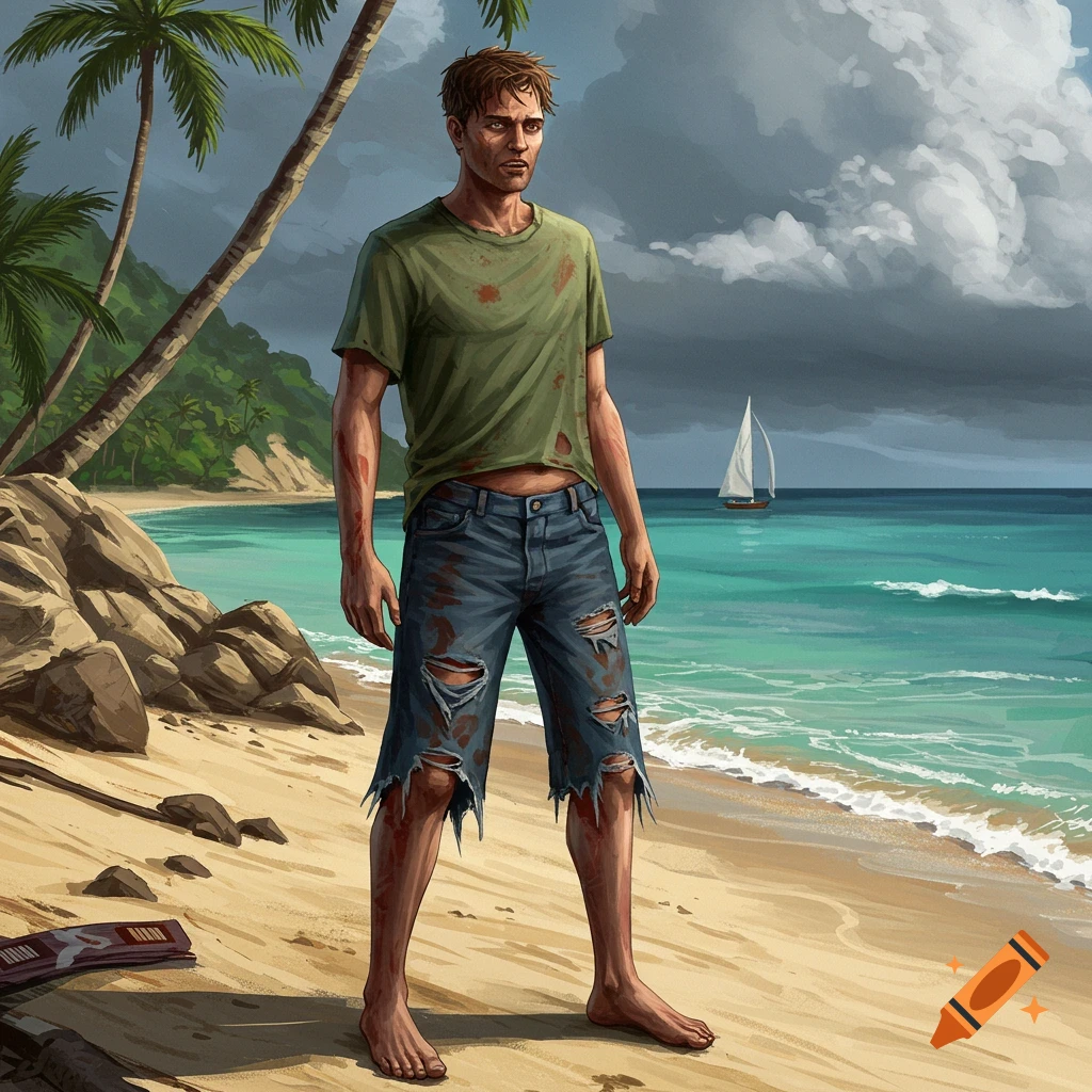 Stranded man on island, torn clothes on Craiyon