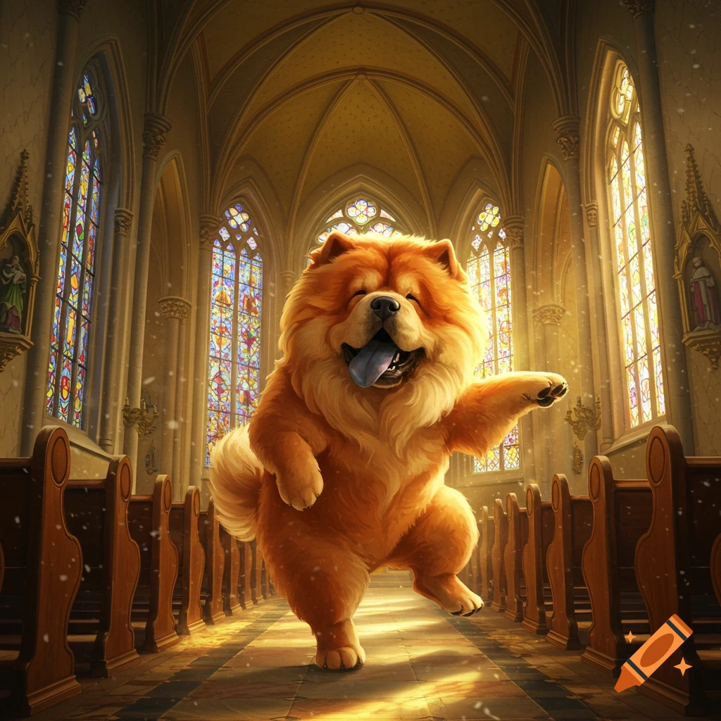 A cute cartoon chow chow dog dances in the aisle of a church. on Craiyon